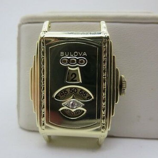 JUMP HOUR BULOVA MENS DECO 14K SOLID GOLD WRISTWATCH RARE NEVER SEEN IN ...