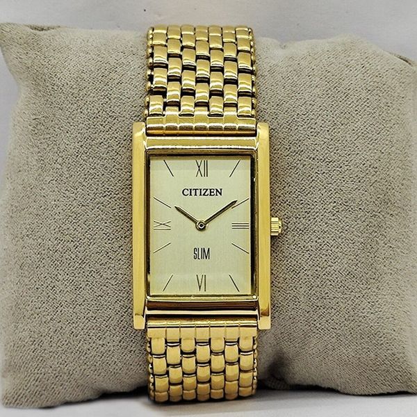Citizen Slim Gold Rectangle Dial Full Gold Plated Mesh Belt Quartz Watch Men's | WatchCharts ...