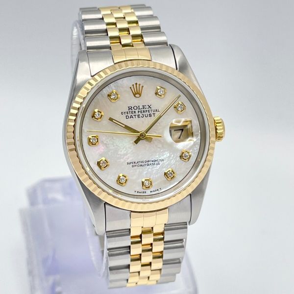 Rolex Datejust 36mm 16233 Pearl MOP Diamond Dial Fluted 18ct Gold ...
