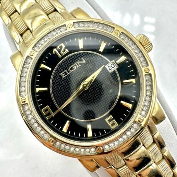 Men's Elgin FG1998 Gold Tone 40mm Crystals Black Dial Watch, New ...