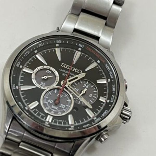Seiko V175-0DM0 Chronograph Solar Stainless Black Dial Men's Watch ...