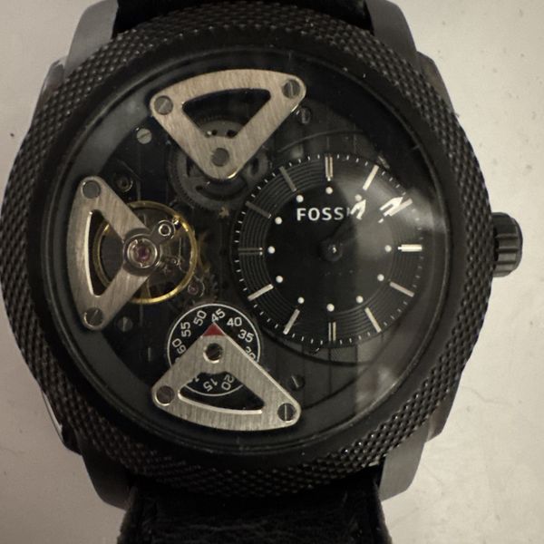 Fossil Mechanical Twist Skeletal Dial Black Leather Men's Watch ...