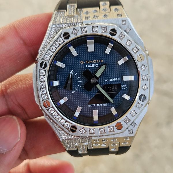 Custom Casio G-Shock GA-2100 Mod Iced Out Bezel | Black Strap | Blue ...