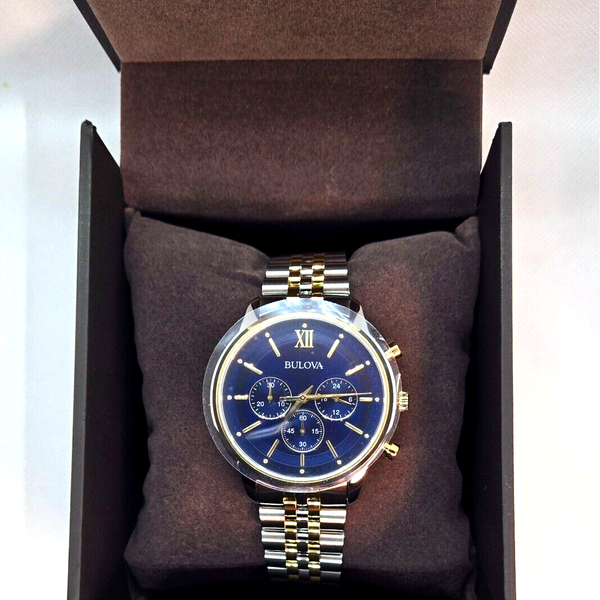 New BULOVA Blue Dial Two-Tone Stainless Chronograph Men's Watch ...