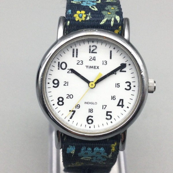 Timex Weekender Watch Women Indiglo Silver Tone Floral Nylon Band New ...