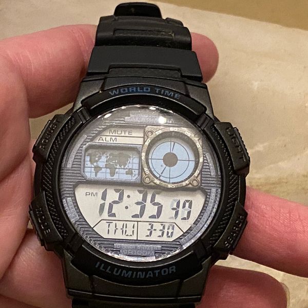 Men's Black Casio World Time Illuminator 5 Alarm Digital Watch w/10 yr ...