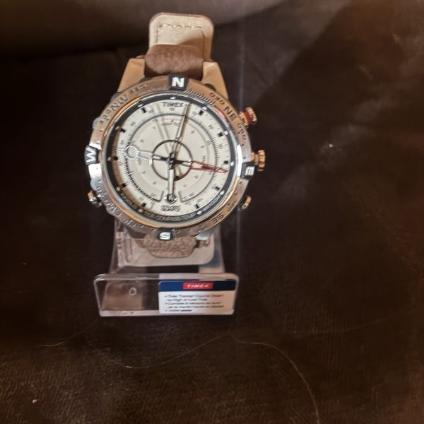 Timex T2N721 Quartz Compass Tide Temperature Silver Case Brown Band In ...