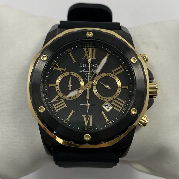 Bulova Marine Star Quartz Black Chronograph Dial Rubber Strap Men's ...