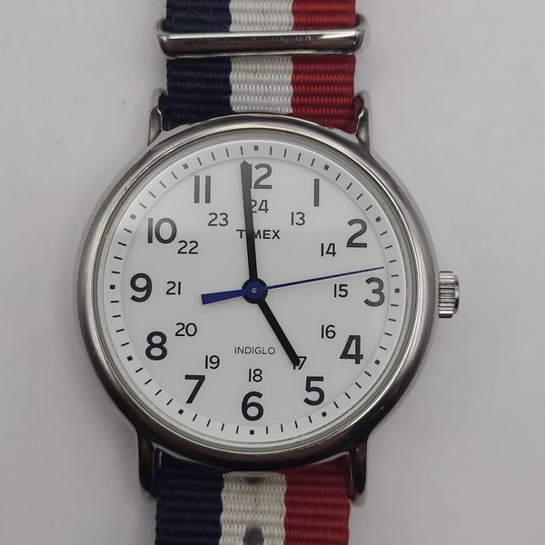 Timex Weekender Slip Through Watch w/White Dial Red/Blue/Wt Nylon Strap ...