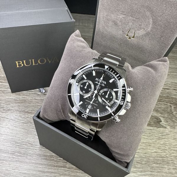 NEWâ Bulova Marine Star Chronograph Black Date Dial Steel 200m Mens ...