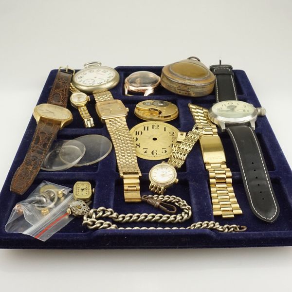 Bundle of movements from wristwatches gold jewelry silver pocket watch ...