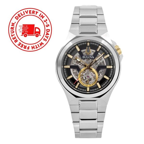 Bulova Maquina Black Skeleton Dial Automatic Sapphire 98A224 100M Mens ...