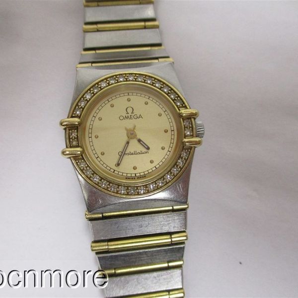 OMEGA CONSTELLATION BRACELET WATCH GOLD DIAL DIAMOND BEZEL 18K FULL BAR ...