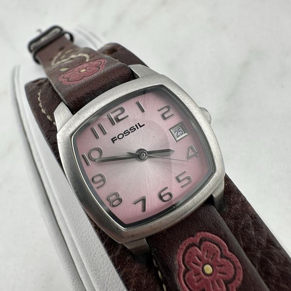 Fossil Embroidered Flower Wide Leather Band Watch JR-8780 Pink Dial ...