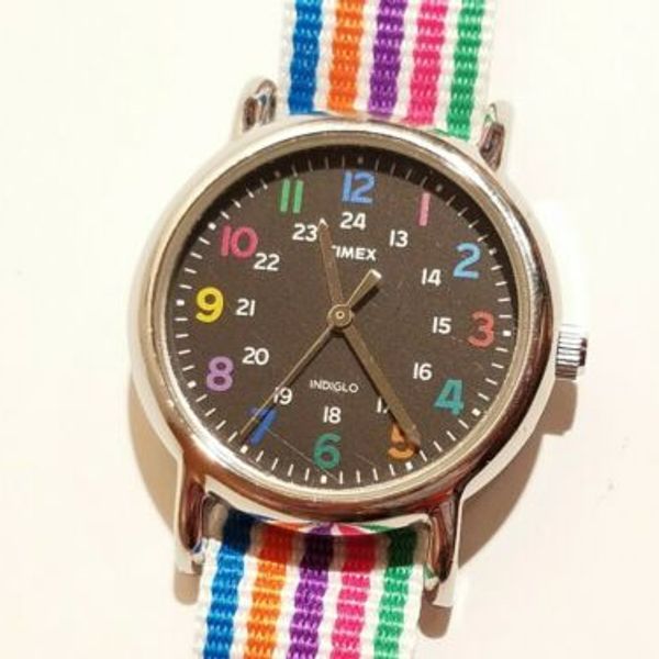 Timex Weekender Indiglo Watch Rainbow Nylon Strap | WatchCharts Marketplace