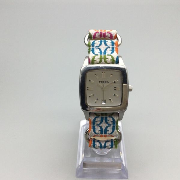 Fossil Watch Women SI-2002 Silver Tone Date Colorful Logo Band New ...