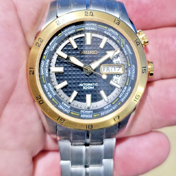 New SEIKO WORLD TIME Adjustable GMT Black Dial Gold Bezel Soild ...