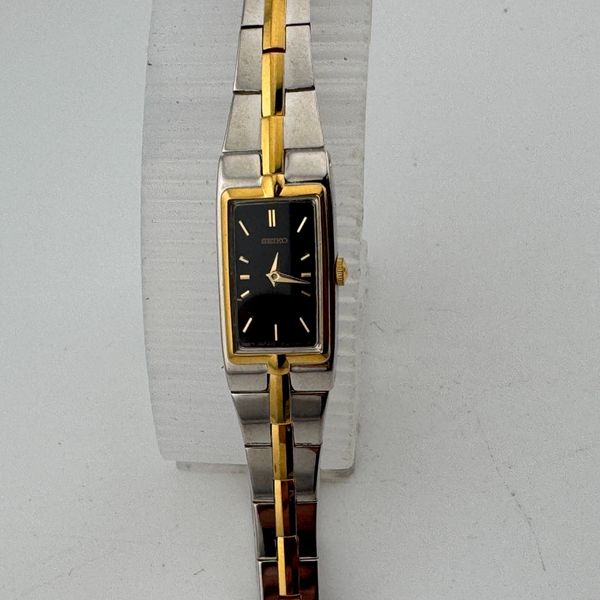 Seiko Quartz Watch 2E20-7479 Women Dual Tone Black Rectangle New Batter ...