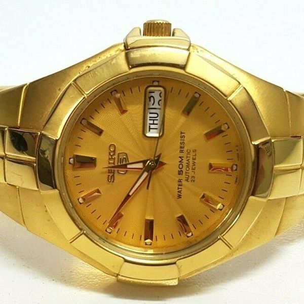 Seiko 5 Gold Plated Automatic Men's Watch 23 Jewels Stainless Steel ...