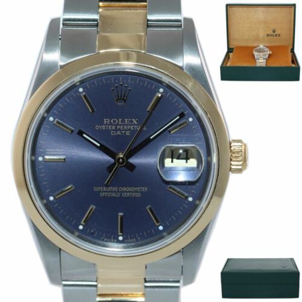 MINT Rolex Oyster Date 18k Gold Steel Two Tone Blue Dial 34mm 15203 ...
