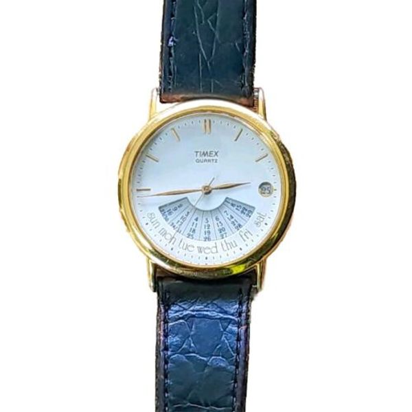Vtg Timex Watch 35mm Perpetual Calendar Date Gold Tone 395LA Works New ...