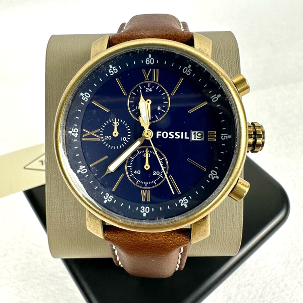 New Fossil Rhett Chronograph Gold Blue Brown Leather Mens Watch BQ2099 ...