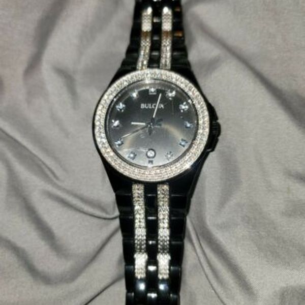 Bulova Men's 98B251 Swarovski Crystal Accents Black Stainless Steel ...