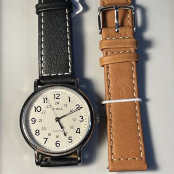 New Timex Weekender military dial Mens Analog Watch two Leather Straps ...