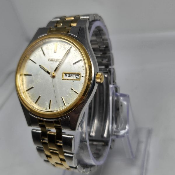 Vintage Seiko Watch Men 37mm Gold Tone Dial Day Date 7N43-9048 New Battery | WatchCharts Marketplace