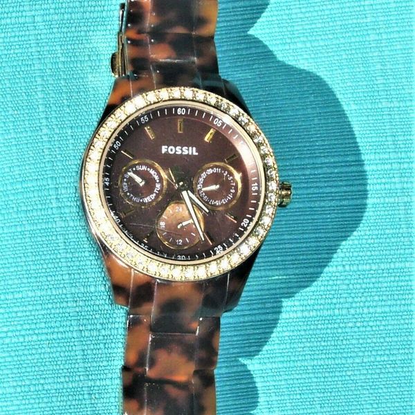 Brown Fossil Stella ES2795 Women's watch Tortoise Shell band rhinestone ...