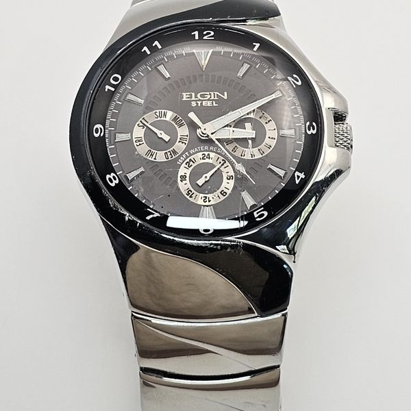 ELGIN STEEL FG149 Stainless Steel Menâ s Watch~42mm~ Fit 7.5" Wrist ...