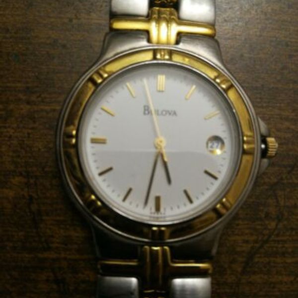 Bulova 98B52 Men's Round White Analog Date Gold Tone Stainless Steel ...