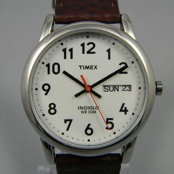 Timex Indiglo Easy Reader Watch Men 35mm Day Date Leather Band New ...