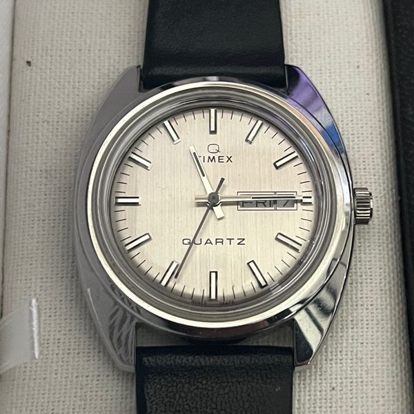 Q Timex 1978 Reissue Day-Date 37mm Leather Strap Watch - Stainless ...