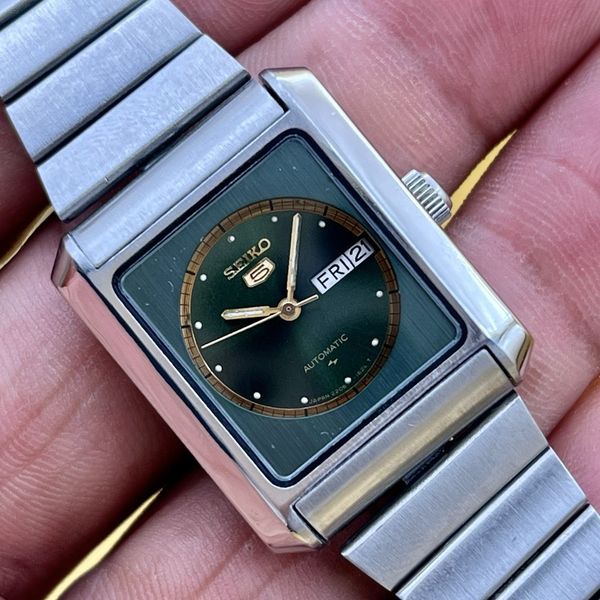 Seiko 5 Automatic Rectangular Green Dial Day-Date Vintage Watch ...