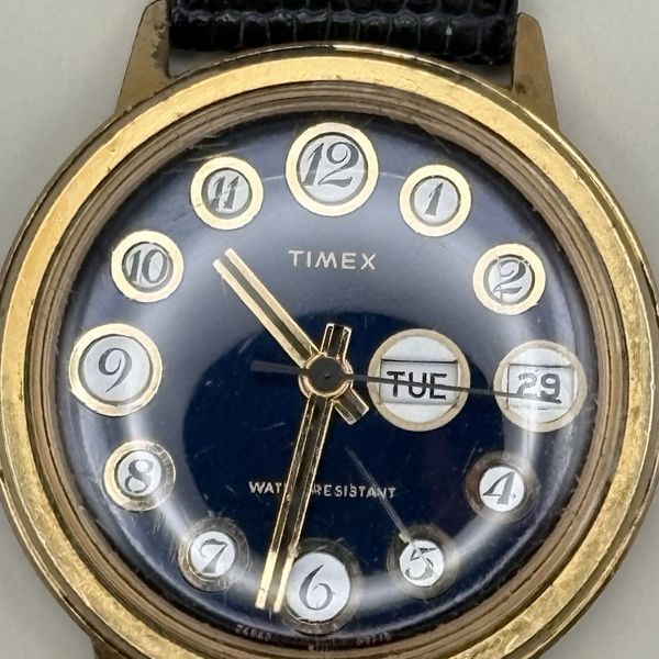 Vintage Timex Day Date Watch Blue Dial Bubble Crystal Gold Tone ...