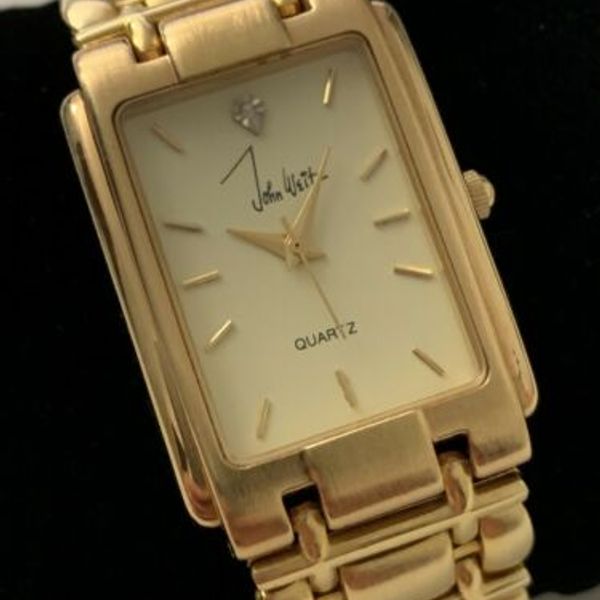 John Weitz Gold Stainless Steel Rectangular Diamond Quartz Men’s Watch ...