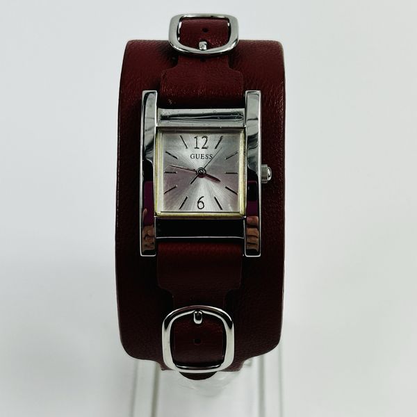 Guess Watch Women 22mm Silver tone Red Leather Cuff Square New Battery ...