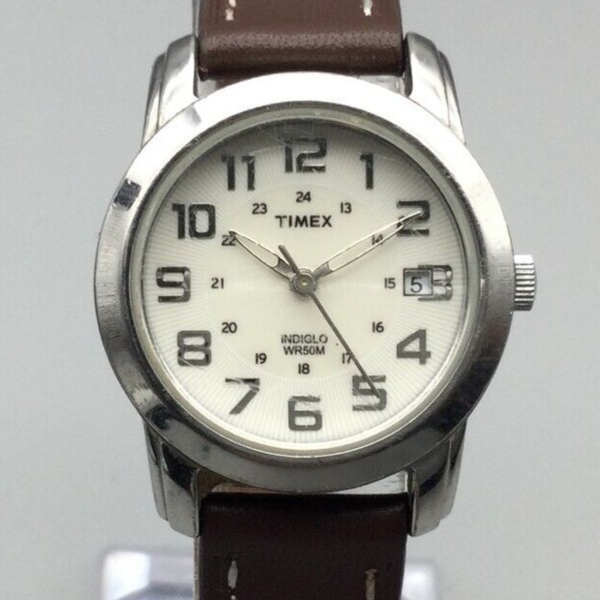 Timex Watch Women Indiglo 28mm Silver Tone Date Sunburst Leather New Battery | WatchCharts ...