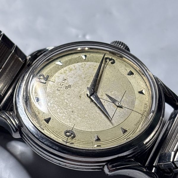 Vintage Elgin Shockmaster Stainless Steel Fancy Lugs Patina Dial Runs ...