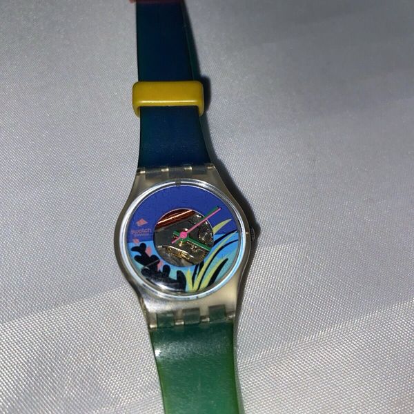 Swatch Watch Vintage Black Coral LK101 1986 Palm Coral Green Blue NEEDS ...
