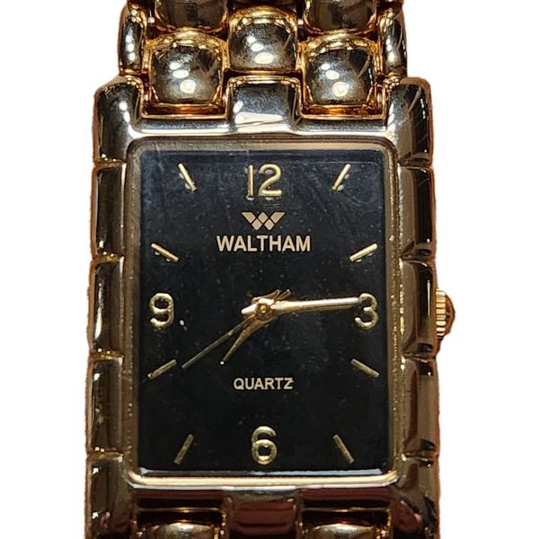 Vintage Waltham Quartz Watch XAX 409 Gold Tone Black Face Tank Unisex ...
