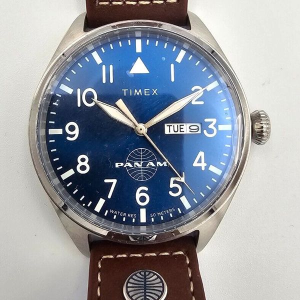 TIMEX X PAN AM DAY-DATE STEEL 42MM LEATHER STRAP QUARTZ PILOT WATCH ...