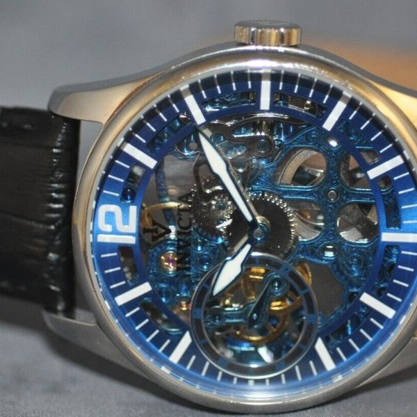 Invicta Men's Vintage Mechanical Blue Skeleton Dial Black Leather Watch ...