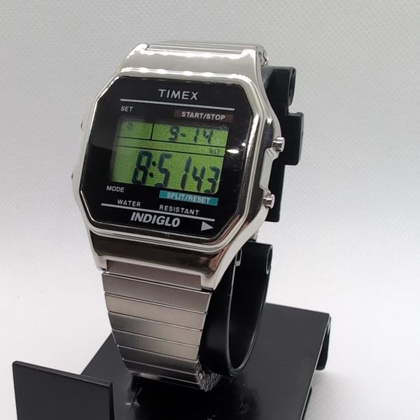 Timex Digital Watch Indiglo Mens 35mm Silver Tone Stretch Band New ...