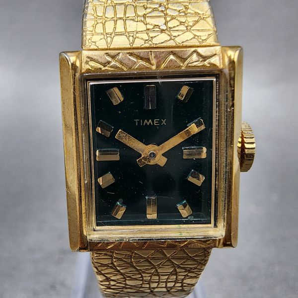 Timex Tank Watch Women 17mm Green Dial Gold Tone Rectangle Manual Wind ...