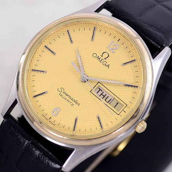 VINTAGE OMEGA SEAMASTER QUARTZ CAL 1425 YELLOW GOLD DIAL MEN'S WATCH ...