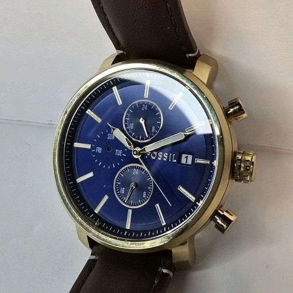 Fossil BQ2848 Rhett Brown Leather Blue Dial Gold Chronograph Watch ...
