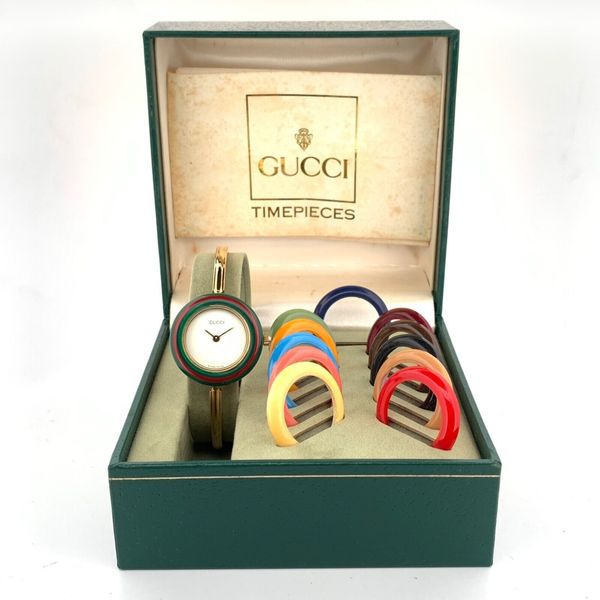 GUCCI Change Bezel 12 Colors Gold White Dial Wristwatch Working W/Box ...