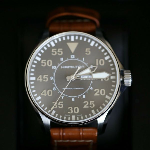Hamilton Khaki Aviation Pilot Gray Dial Brown Leather Automatic Watch ...